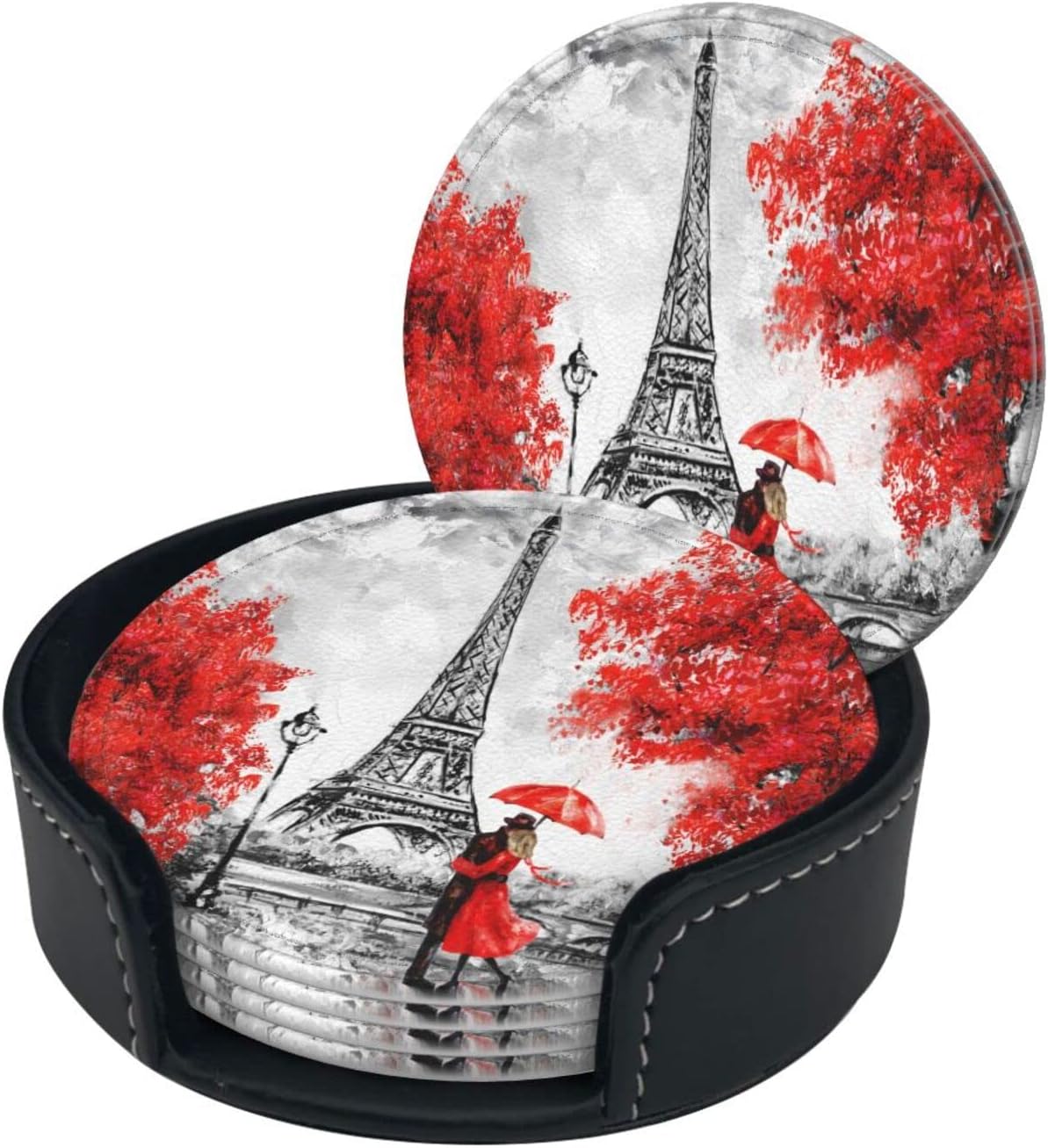 Amazon.com: 6 Pcs Leather Coasters for Drinks with Holder Red Eiffel ...