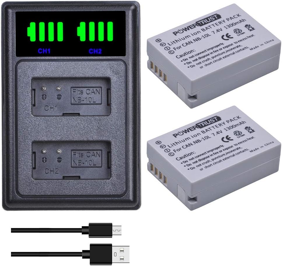 PowerTrust 2Pcs 1300mAh NB-10L Batteries with LED Dual Charger for ...