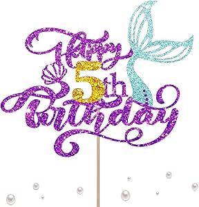 Amazon.com: Mermaid 5 Cake Topper, Happy 5th Birthday Cake Decor for Baby Girl, Little Mermaid ...