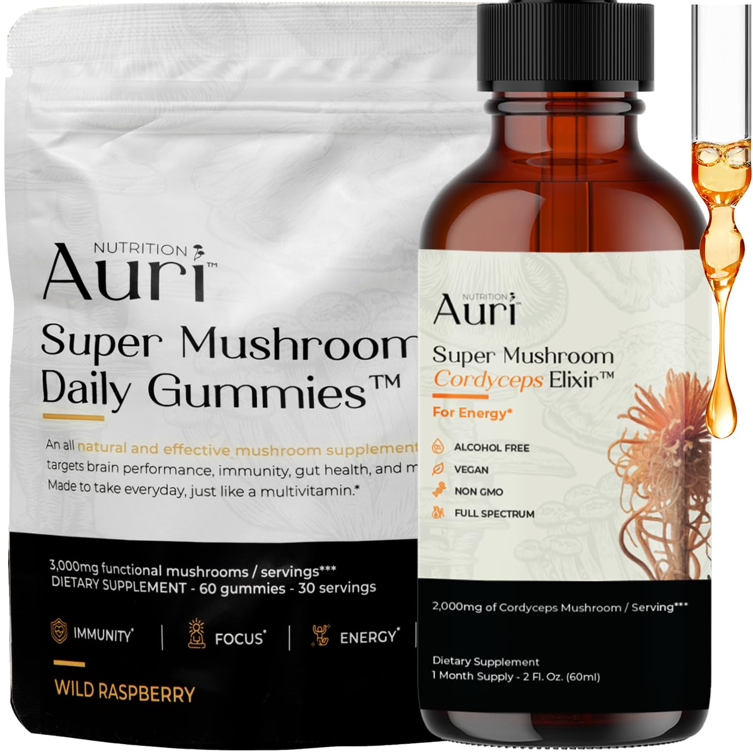 Amazon.com: Auri Energy & Immune Boost Pack Super Mushroom Daily Gummies Cordyceps Elixir Bundle ...