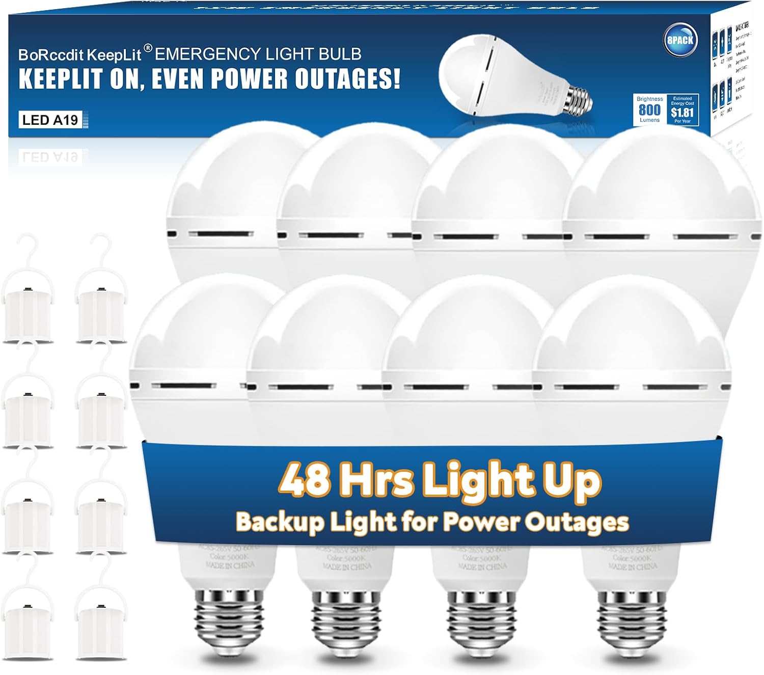 BoRccdit KeepLit 8 Pack Emergency Rechargeable Light Bulbs, 48H Long ...
