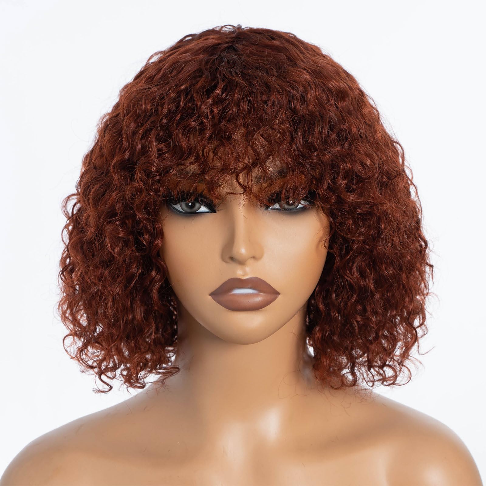 Amazon.com : DÉBUT Reddish Brown Short Curly Bob Wigs, 100% Human Hair ...