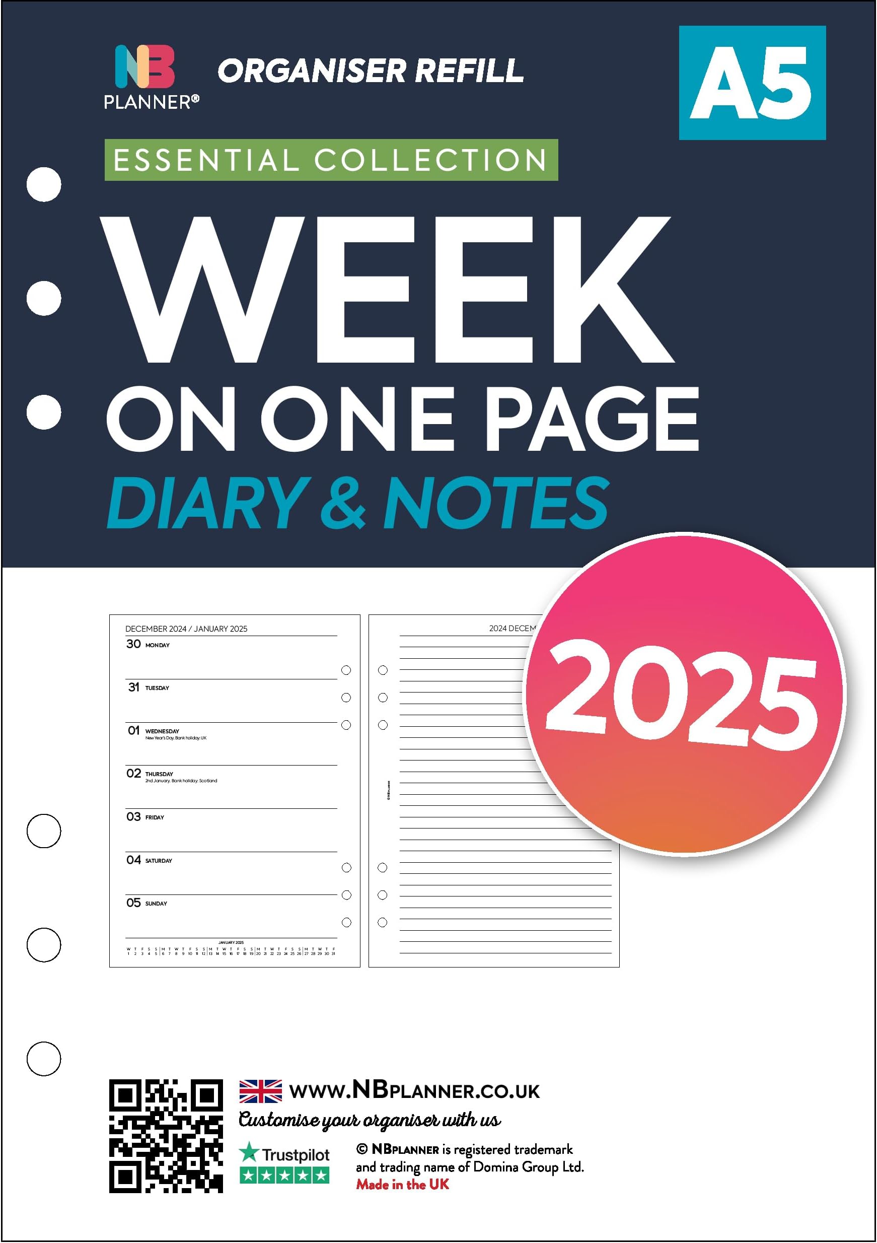 2025 Week on one page diary & notes A5-size refill insert | Filofax A5 ...