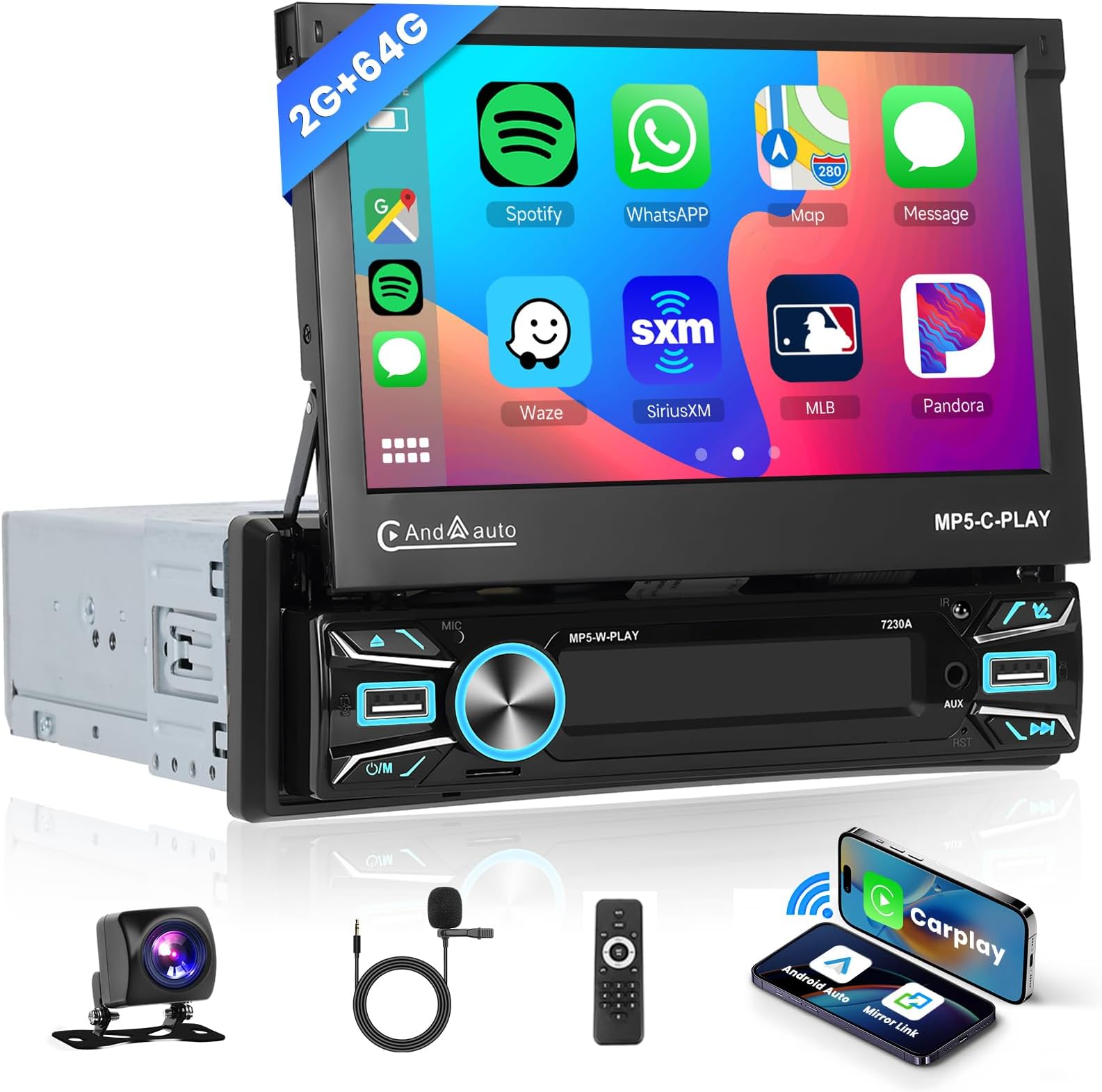 Amazon.com: [2G+64G] Android Single Din Car Stereo Wireless Carplay Android Auto, 7 Inch Flip ...