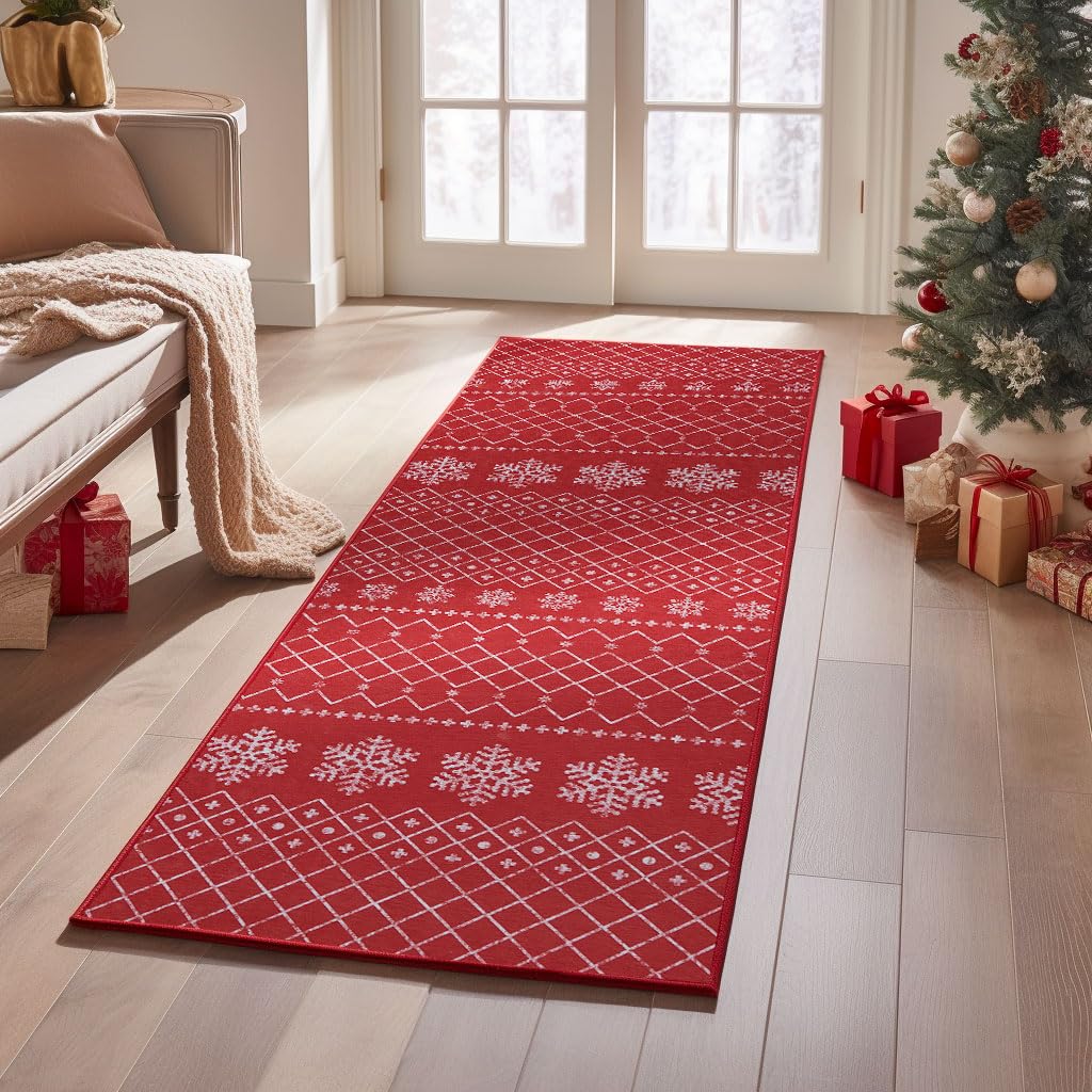 Vangao Snowflake Christmas Runner Rug 3x7 Red Hallway Runner Kitchen ...
