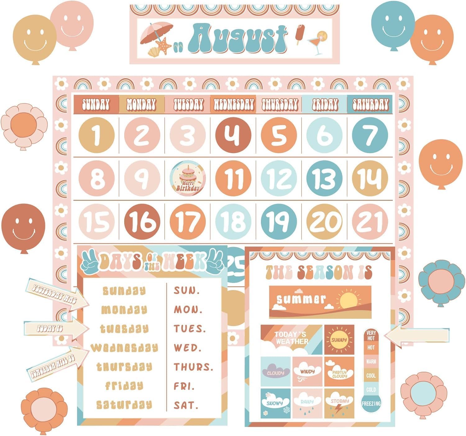 Amazon.com : Groovy Bulletin Board Decorations Boho Groovy Calendar ...