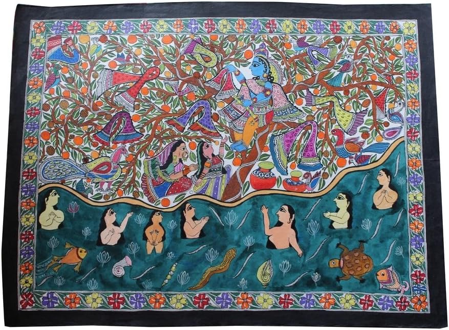 Frameless Krishna Hiding Clothes of Gopiya Handmade Madhubani Painting ...