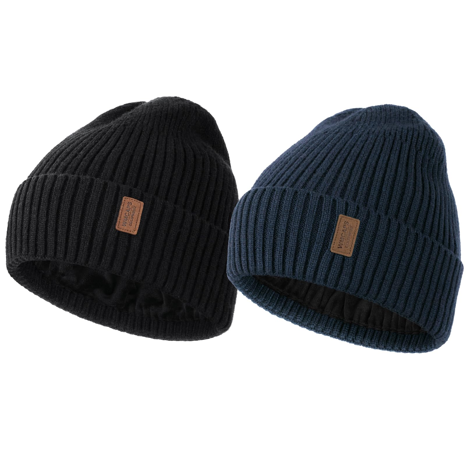 Amazon.com: Wmcaps 2PCS Fleece Lined Beanies for Winter, Warm Winter ...