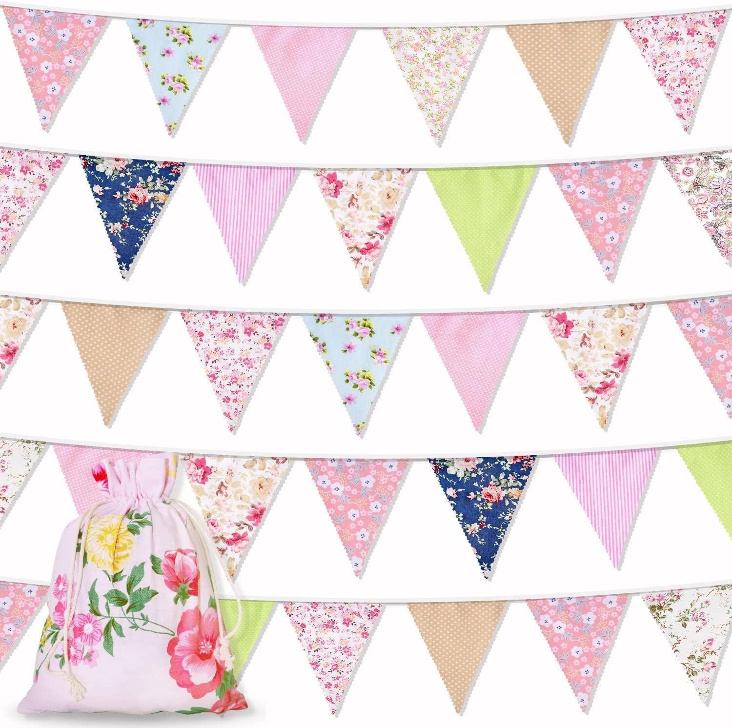 Orifinter 45.9ft Fabric Bunting, 46Pcs Vintage Garden Bunting + Floral ...
