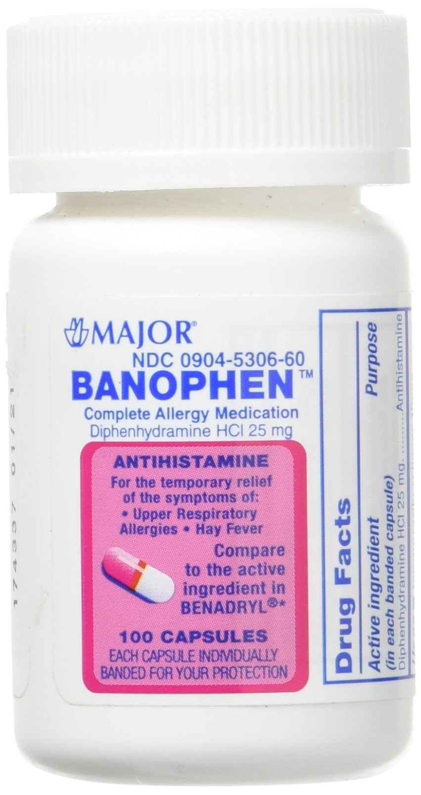 Amazon.com: Major Banophen Diphenhydramine Capsules, 25mg, 100ct by ...