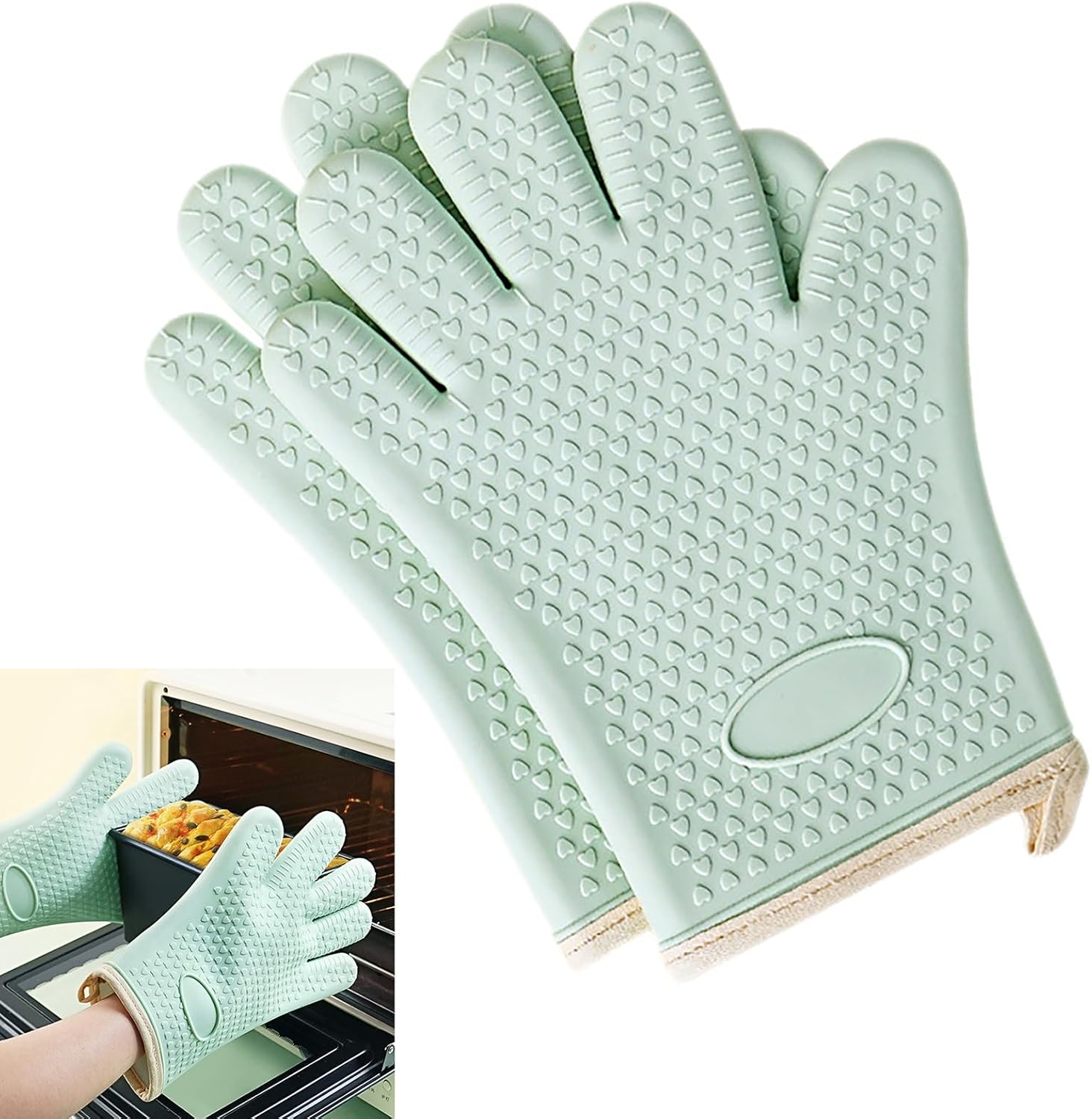 Green Silicone Oven Gloves,2 Pcs Silicone Oven Mitts Oven Glove Heat ...
