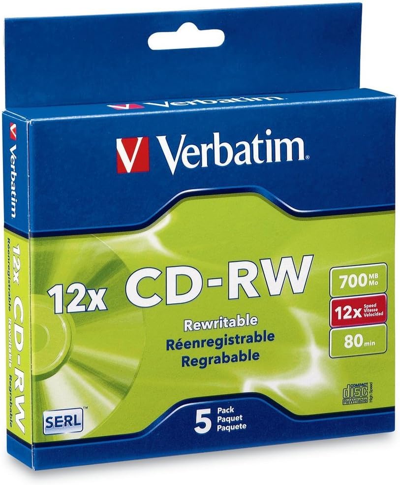 Verbatim CD-RW 700MB 2X-12X Rewritable Media Disc - 5 Pack Slim Case ...