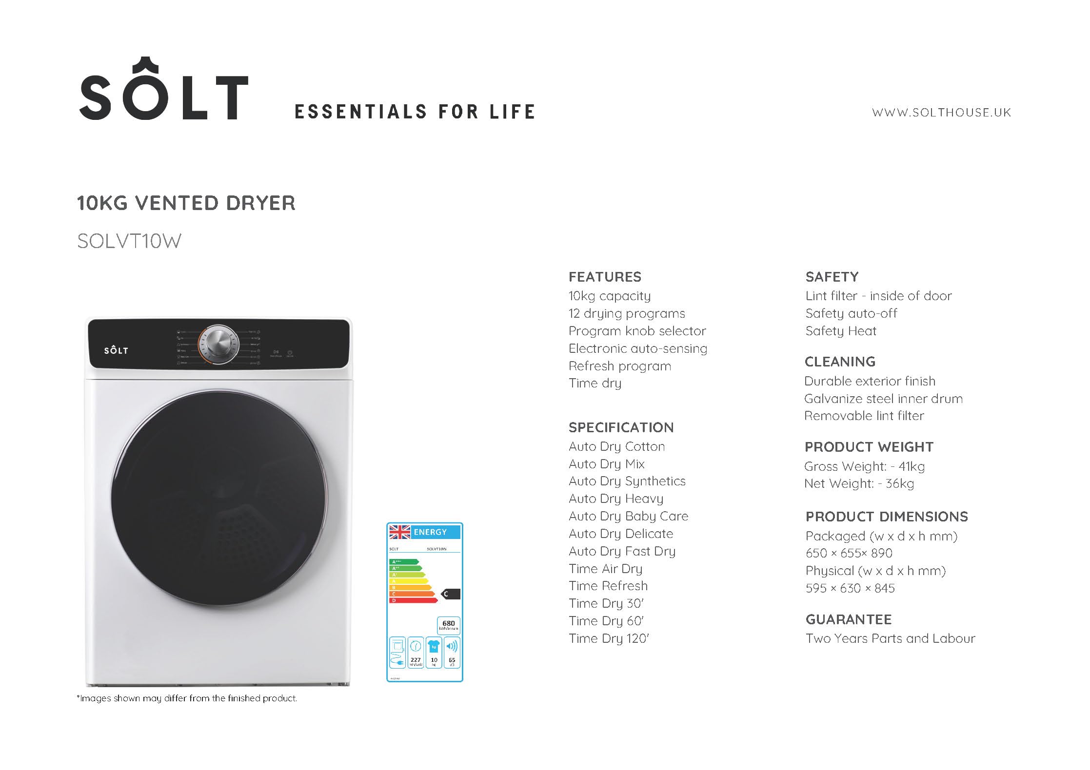 Solt SOLVT10W Vented Tumble Dryer, 10kg Capacity, 85cm Height, White ...