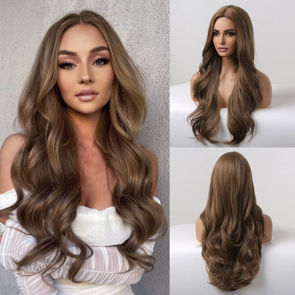 Amazon.com : Brown Wigs for Women Long Dark Brown Wavy Wig - Middle ...