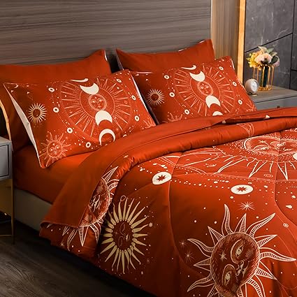 Amazon.com: INTOMENG Celestial Bdding 7 Pieces Burnt Orange Comforter ...