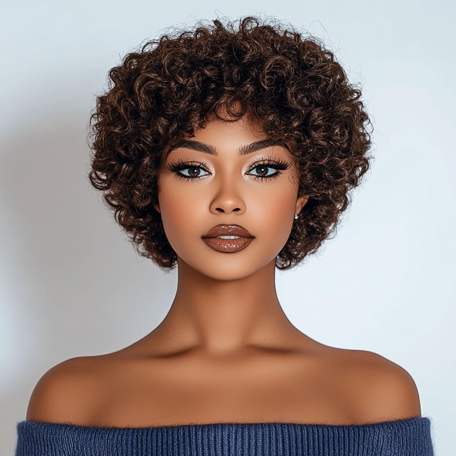 Amazon.com : DÉBUT Short Curly Wigs with Bangs 100% Human Hair Afro ...