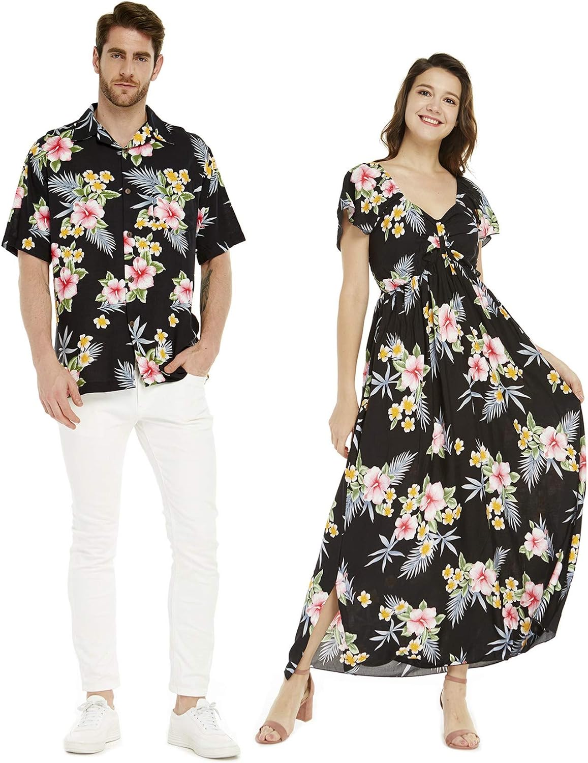 Amazon.com: Couple Matching Hawaiian Luau Aloha Shirt Maxi Ruffle ...