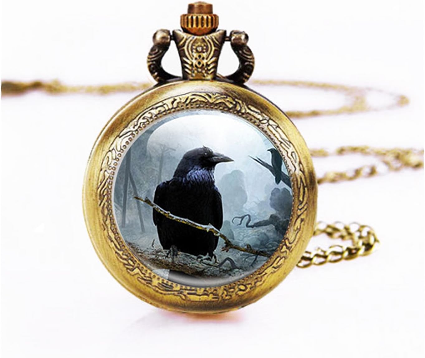 Amazon.com: Crow pocket watch Necklace, Glass Raven watch Necklace Crow ...