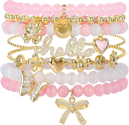 Amazon.com: Pink Beaded Bracelet for Women 7Pcs Stackable Opal Stone ...