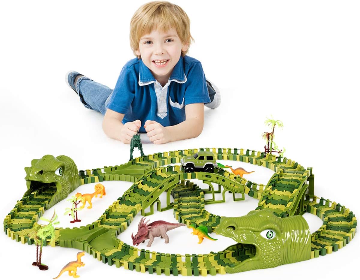 GYMAX Dinosaur Race Track Set, 240 Pcs Dinosaur Track Toys with 8 ...