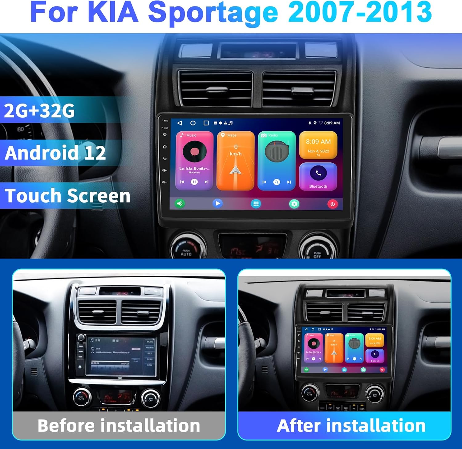 2G+32G podofo – Radio estéreo para automóvil para Kia Sportage 2007-2013 con Apple Carplay ...