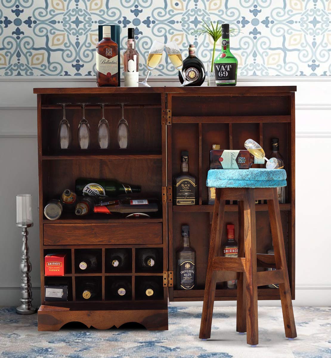 Sheeshamcraft Nivora Single Door Bar Cabinet With Bar Stool Glass ...