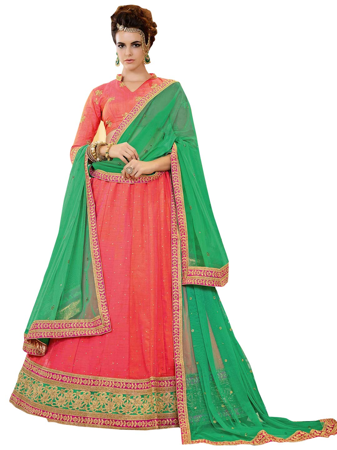 Buy Yosshita & Neha Peach Banglori Silk With Diamond Work Lehenga With ...