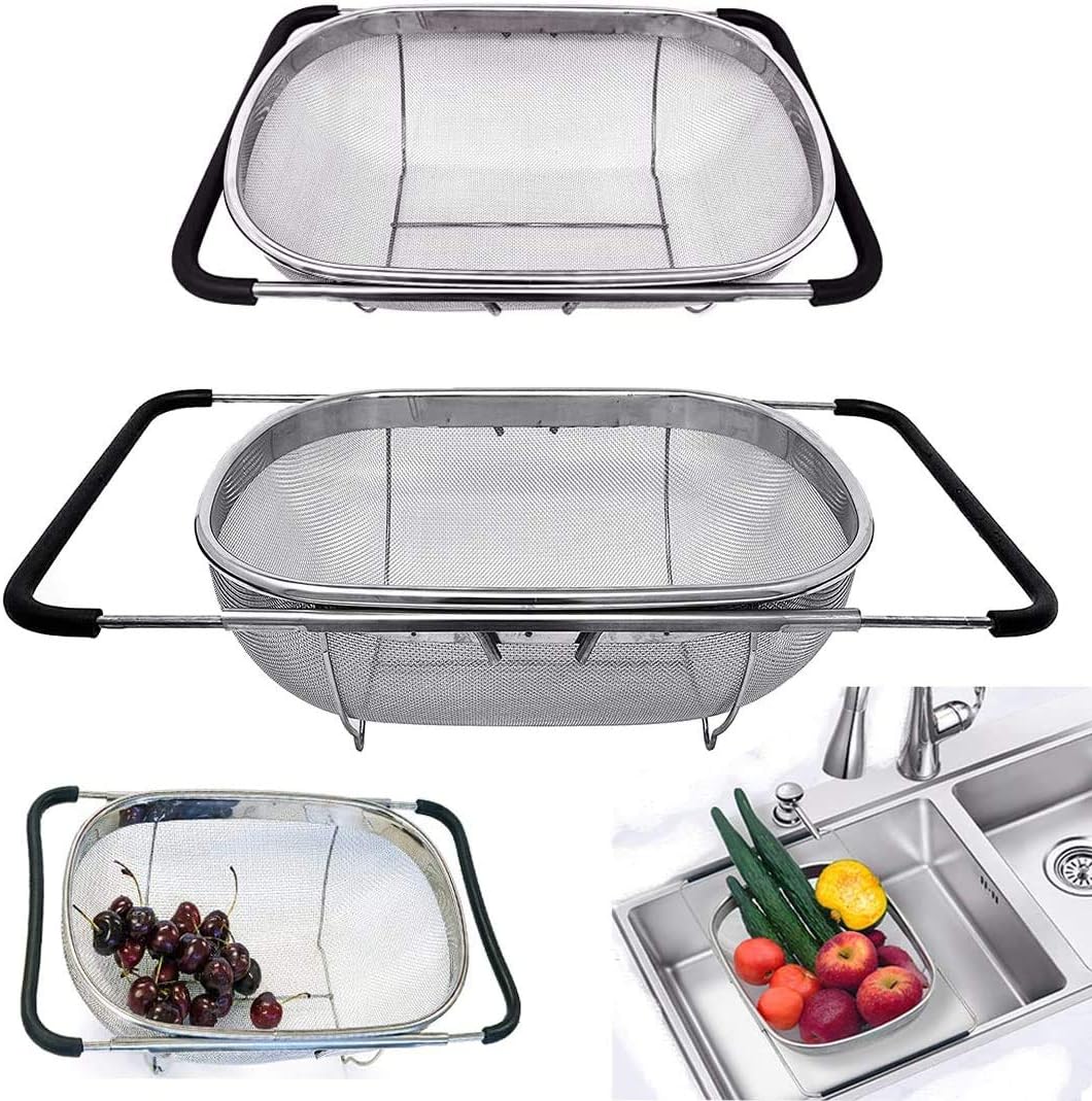 Kitchen Over The Sink Extendable Strainer Basket with Hanging Holes ...
