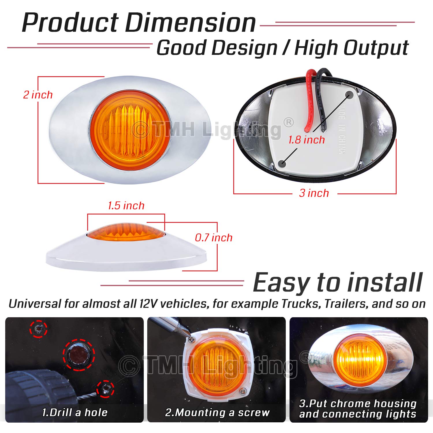 Snapklik.com : TMH 16 Pcs 3 Inch Mini Amber 3 LED Oval Cab Marker Panel ...