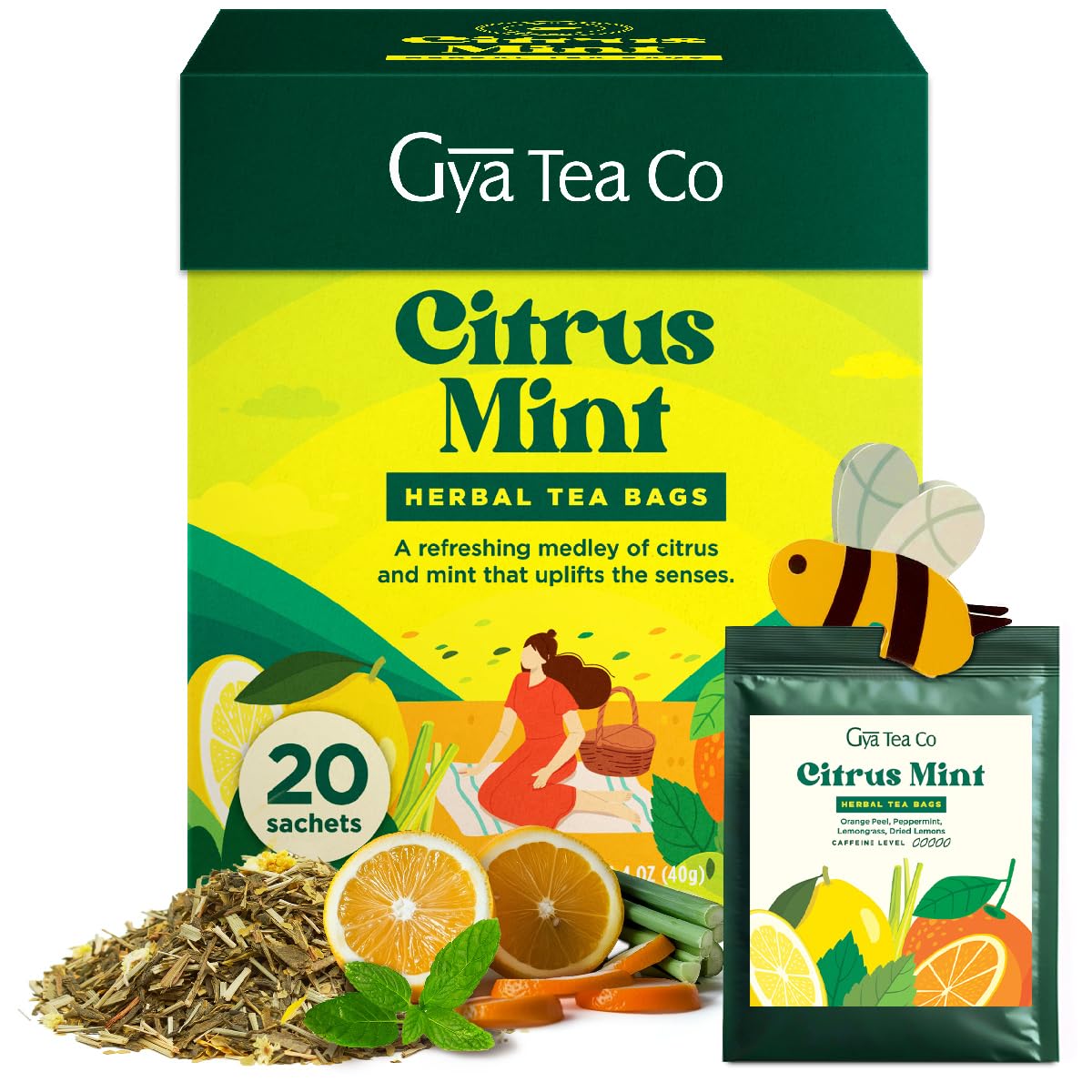 Amazon.com: Gya Tea Co Citrus Mint Herbal Tea Bags (20 Bags) - Decaf ...
