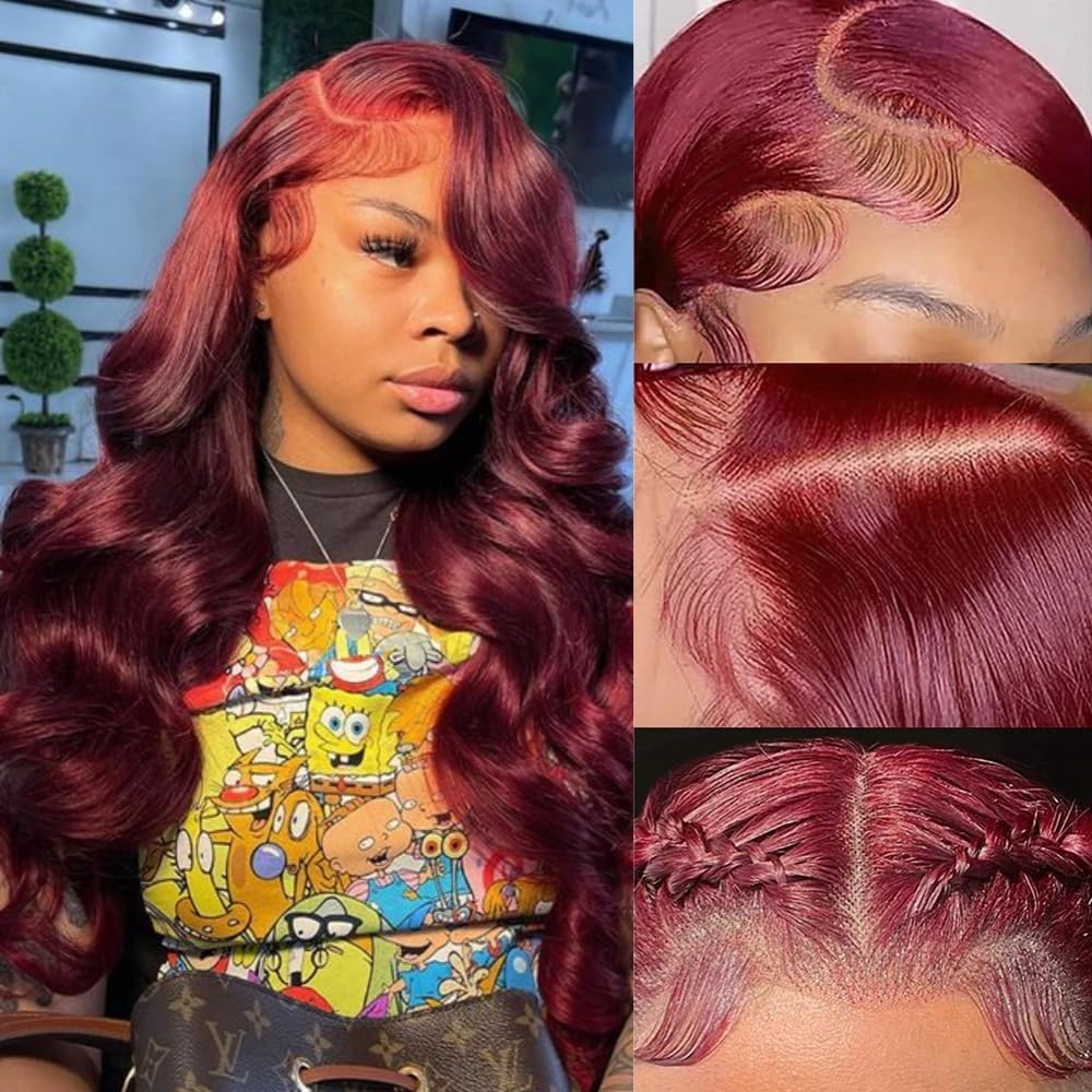 Amazon.com : 13x4 Burgundy Body Wave Lace Front Wig 180% Density 99J HD ...