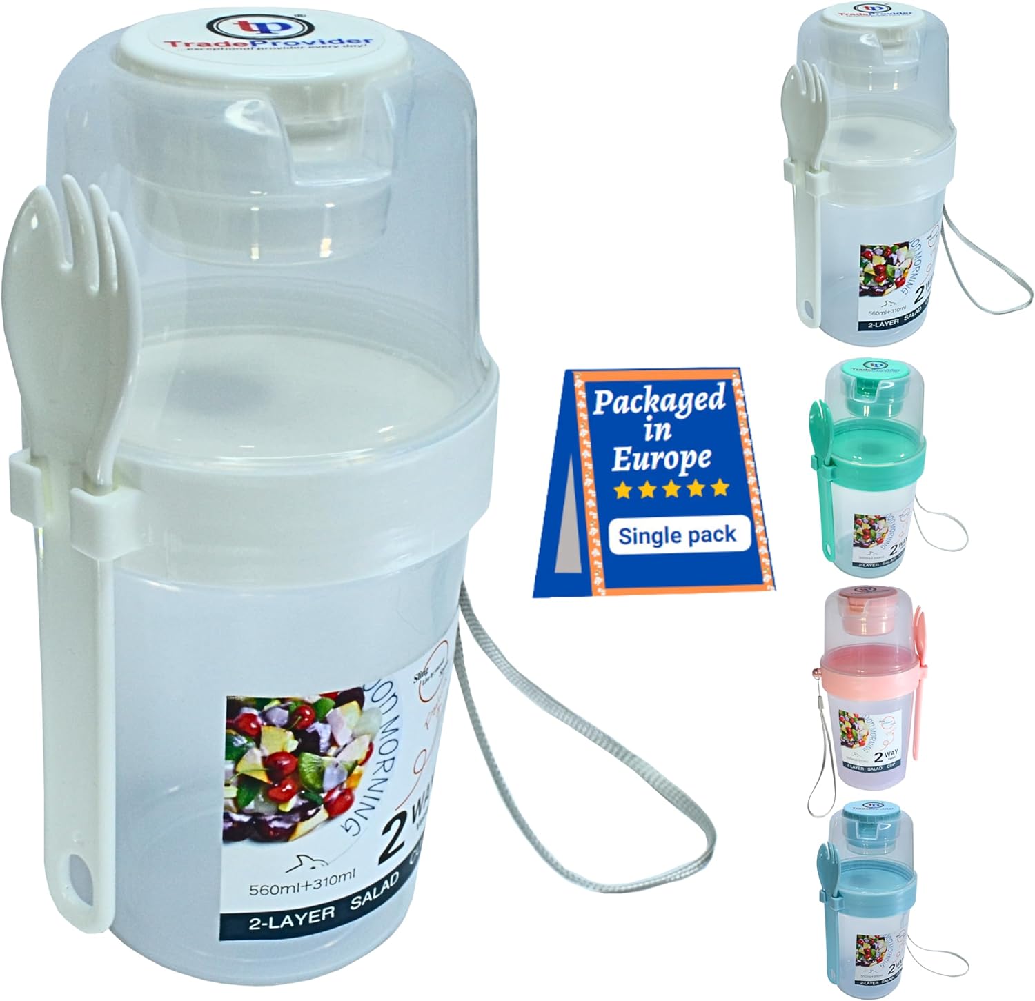 TradeProvider® Reusable Yogurt Cups with Lid Fork Lanyard 560ml/19Oz ...