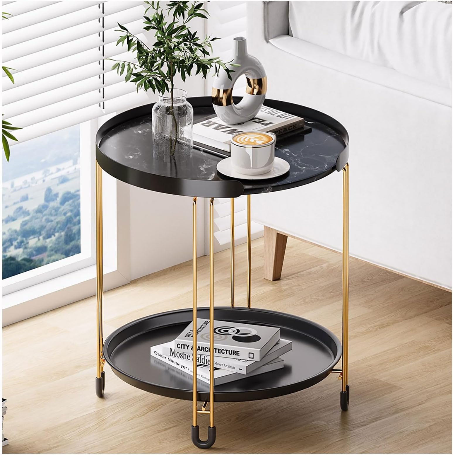 Amazon.com: TOOLF 2-Tier End Table Round Side Table,Sofa Coffee Table ...