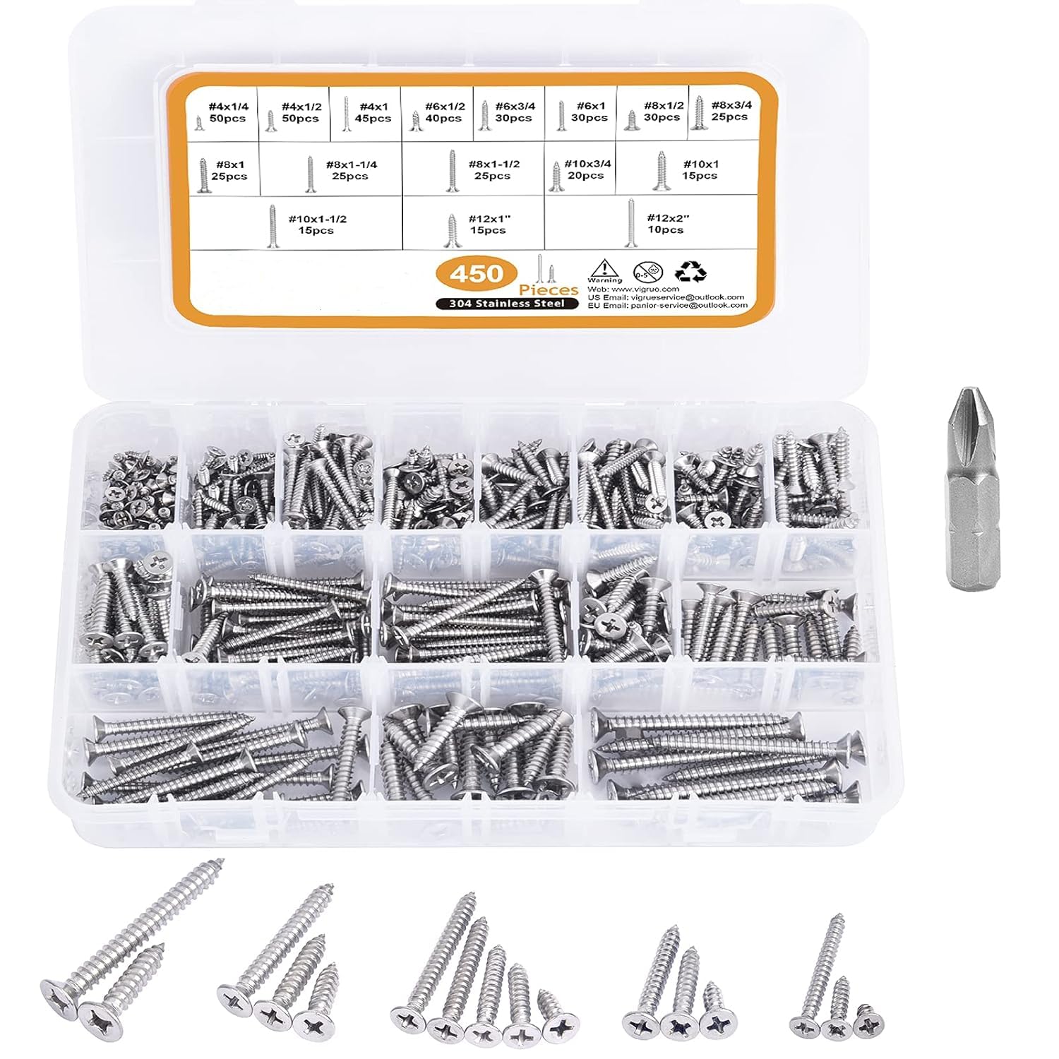 450Pcs Stainless Steel Wood Screws Assortment Kit, #4#6#8#10#12 ...