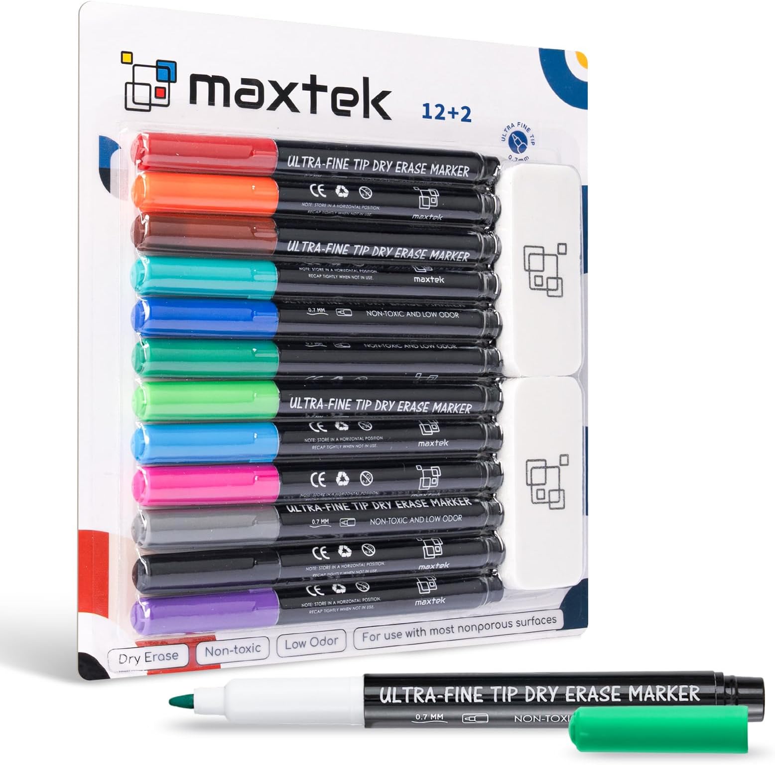 Amazon.com : maxtek Dry Erase Markers with Whiteboard Erasers, 0.7mm ...