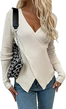 CHONGCHUYAZHOU Women's Deep V Neck Criss Cross Front Wrap Sweaters Long ...