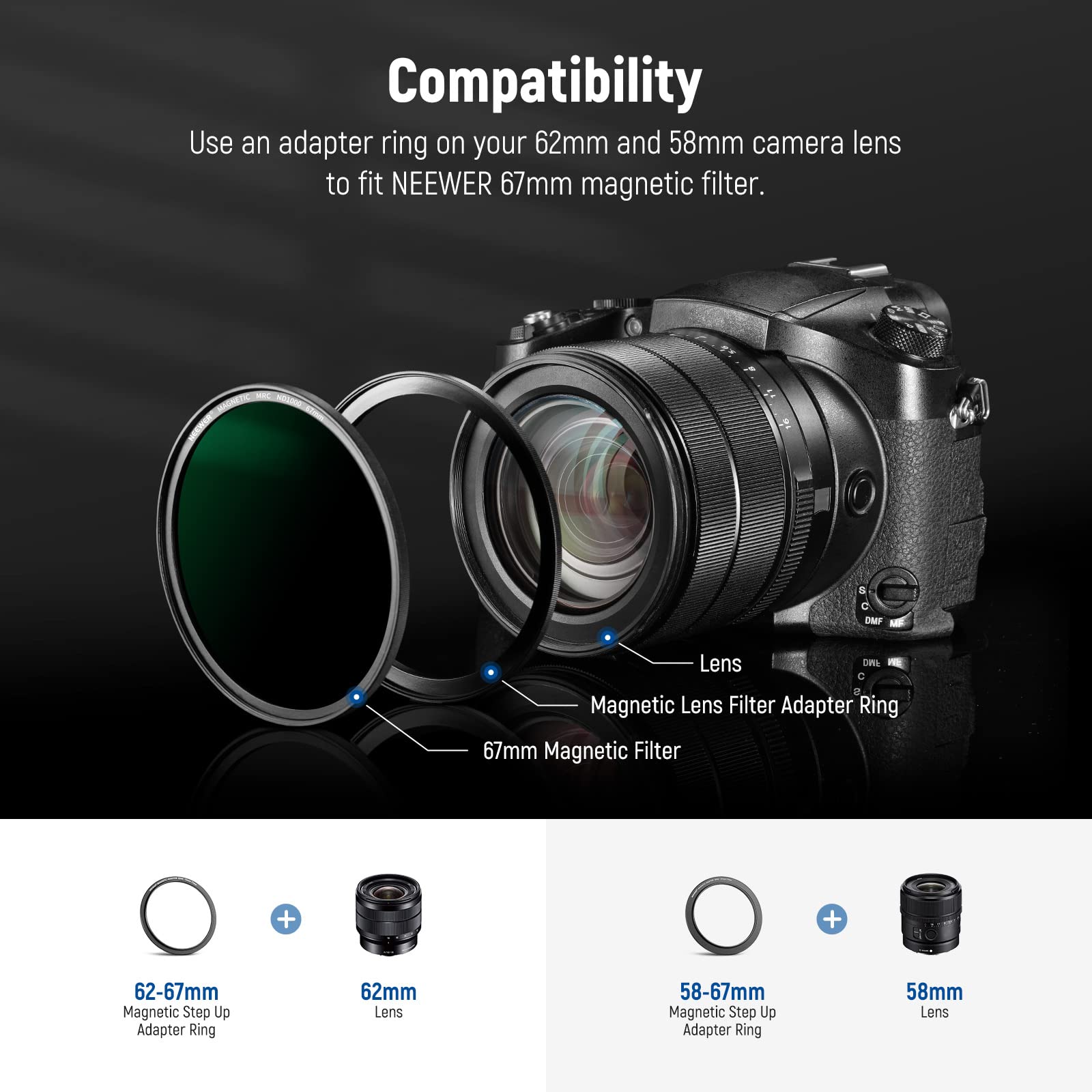 Camera Lens Adapter NEEWER Magnetic Step-Up Filter Ring Adapter Kit ...
