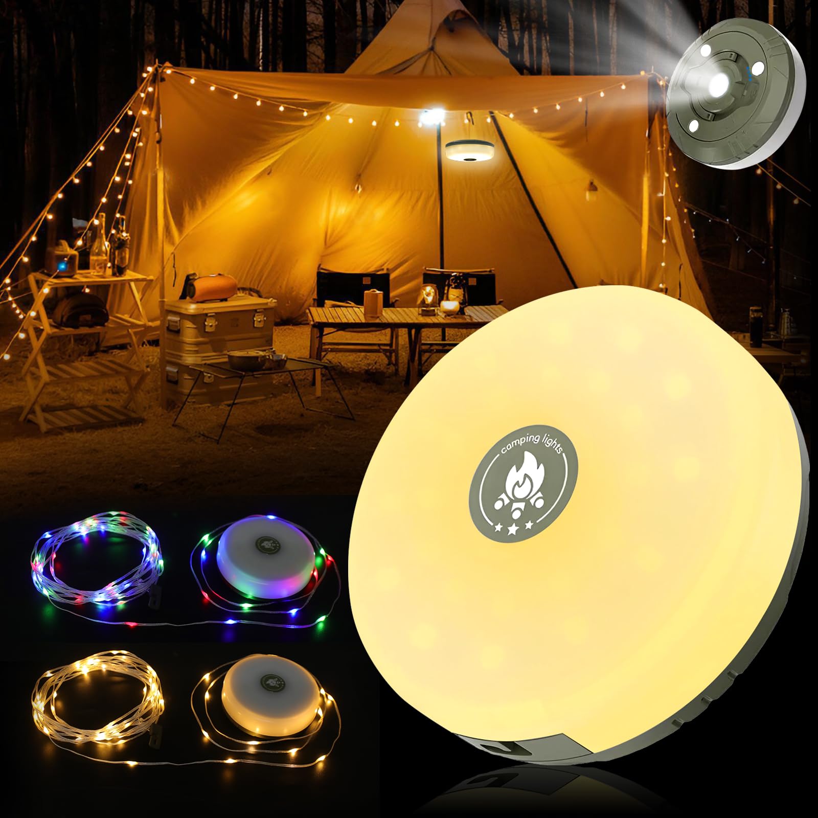 ZCOINS 3 in 1 Camping String Lights, 32.8FT Outdoor RGB Colorful ...