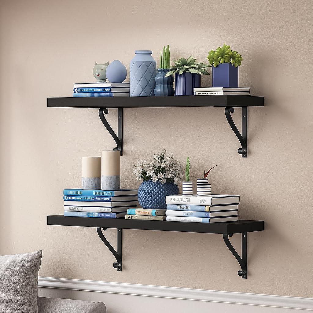 Mighty Home Wall Mounted Wooden Shelf, Floating Shelf with Black Metal ...