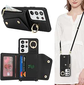 Amazon.com: Lipvina for Samsung Galaxy S21 Ultra Case with Card Holder and Strap - Zipper Pocket ...