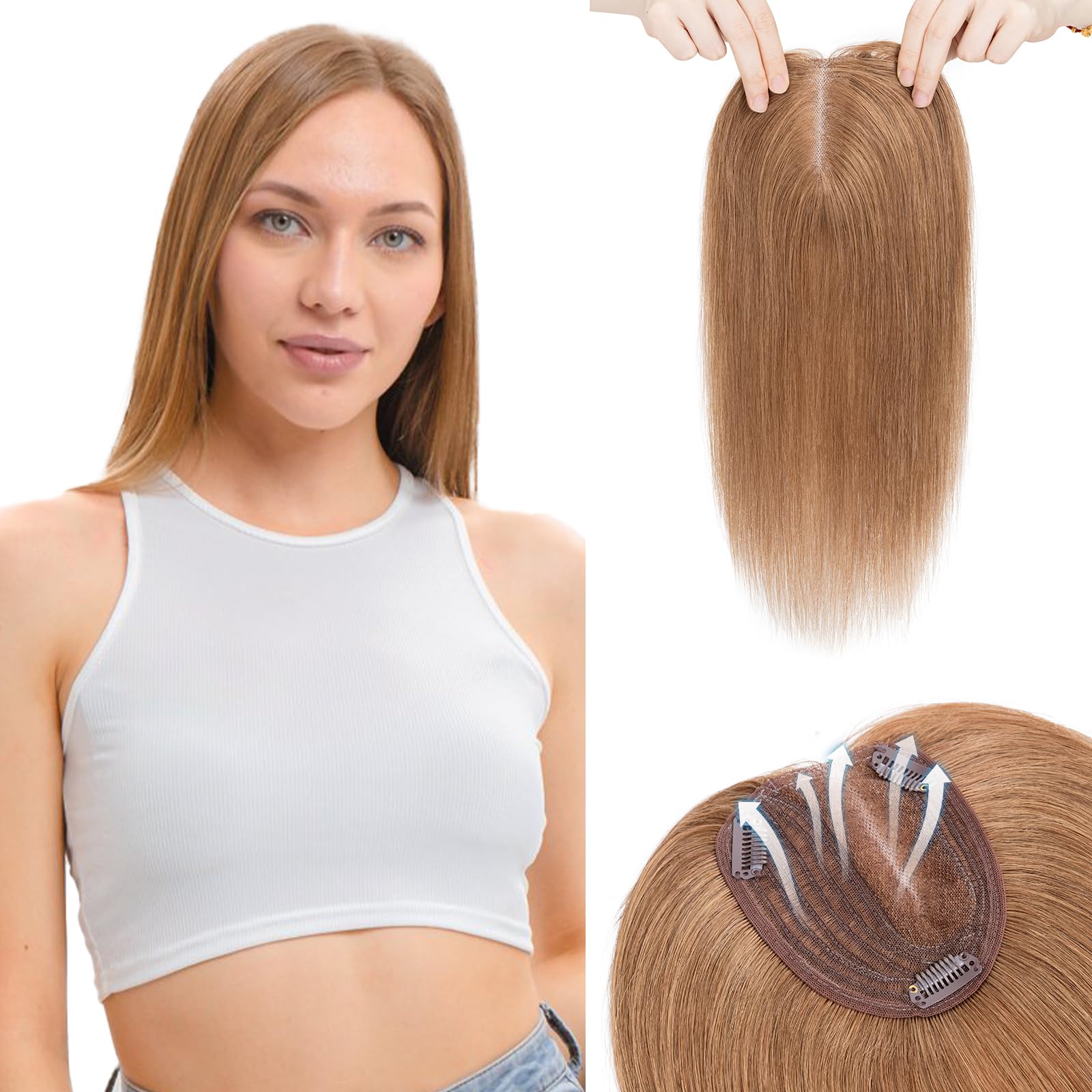 Amazon.com : Hairro 100% Human Hair Topper without Bangs Middle Part ...