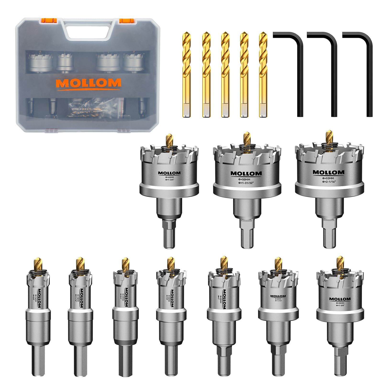 Mollom TCT Carbide Hole Saw Kit for Hard Metal，16-53mm, 10 Pcs Tungsten ...