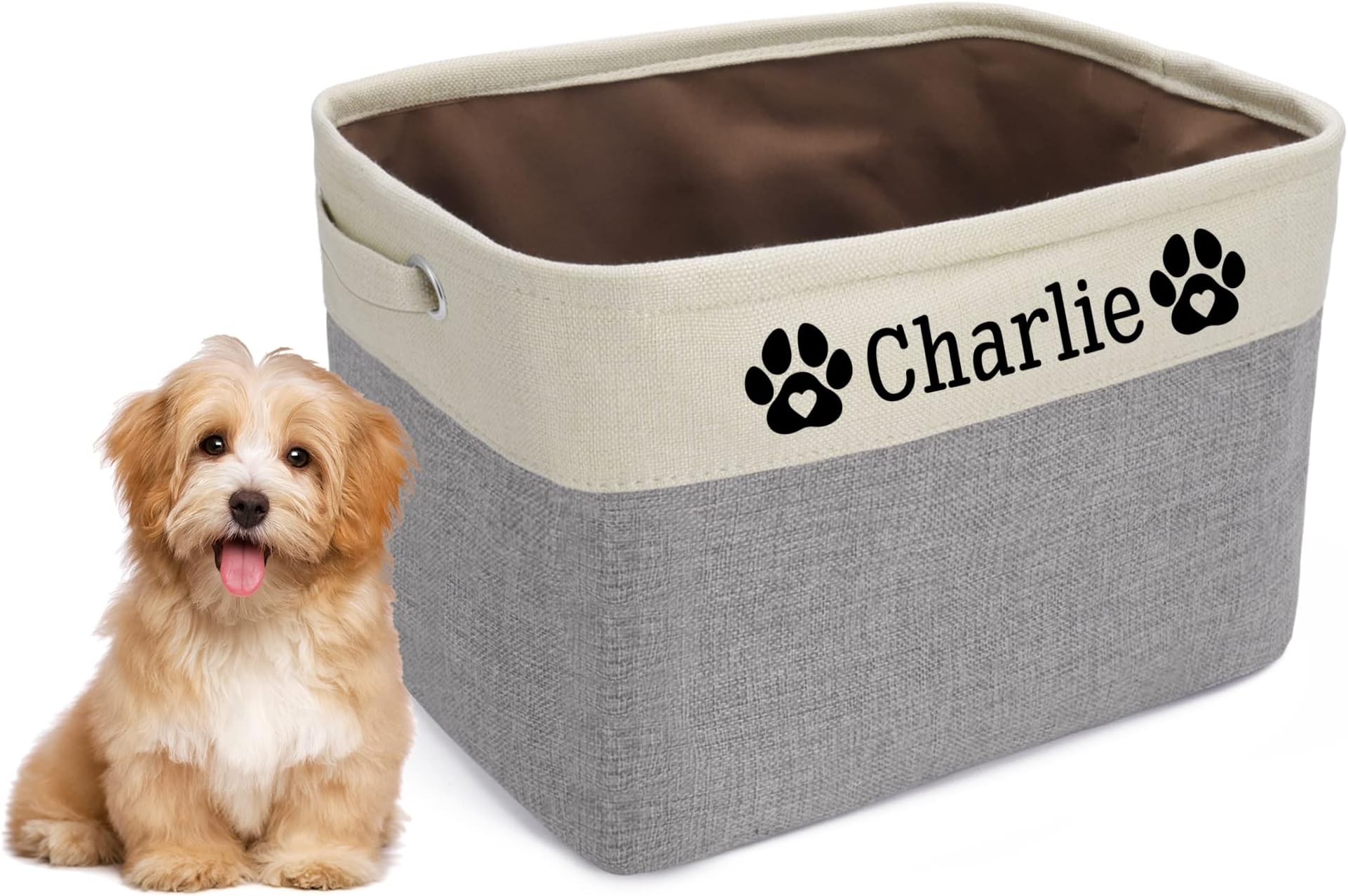 White Dog Canvas Storage Basket - Rectangle Fabric Basket with Grey Dog ...