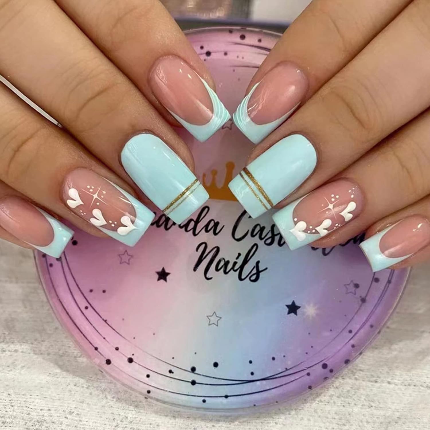 Amazon.com: GORS Nude Pink Press on Nails Medium Square - Blue French ...