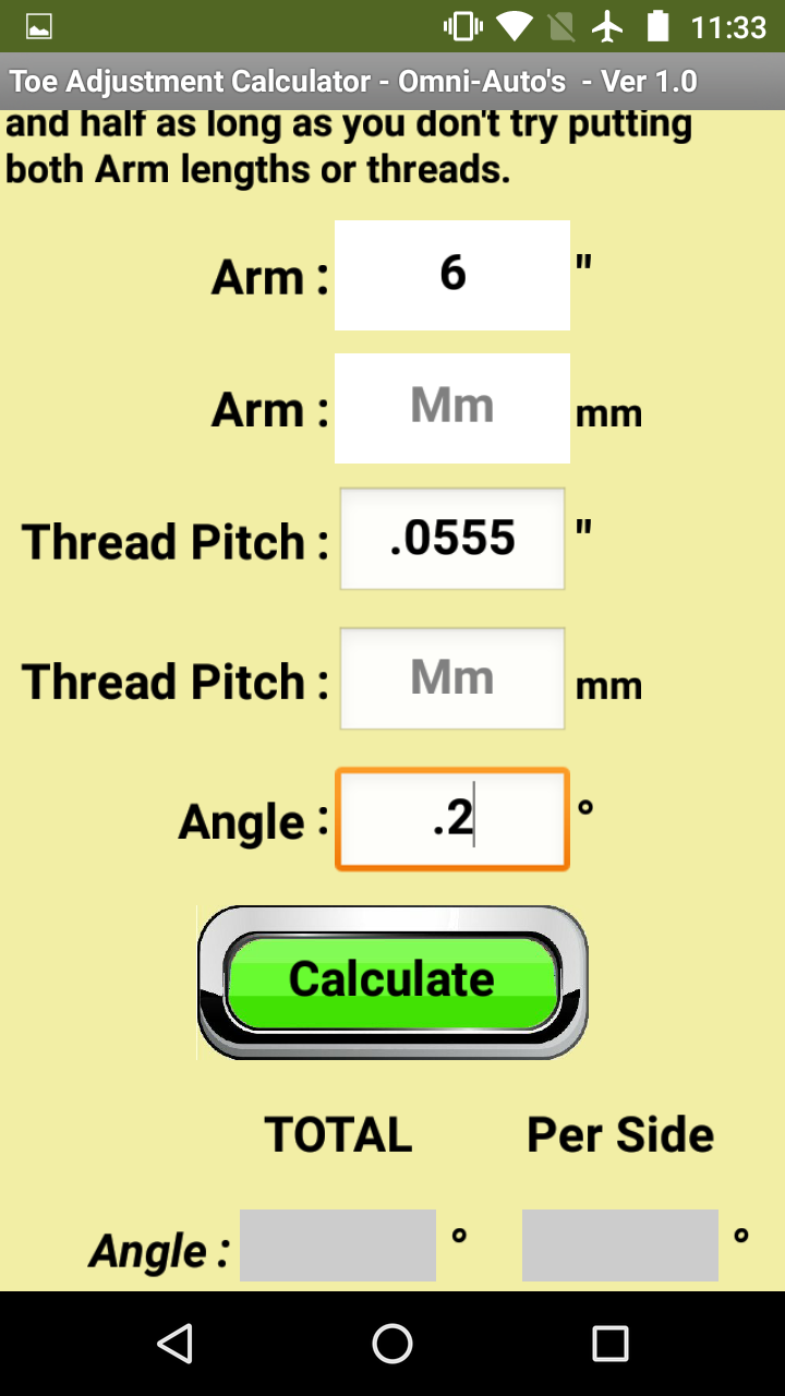 Toe Adjustment Calculator - App on Amazon Appstore