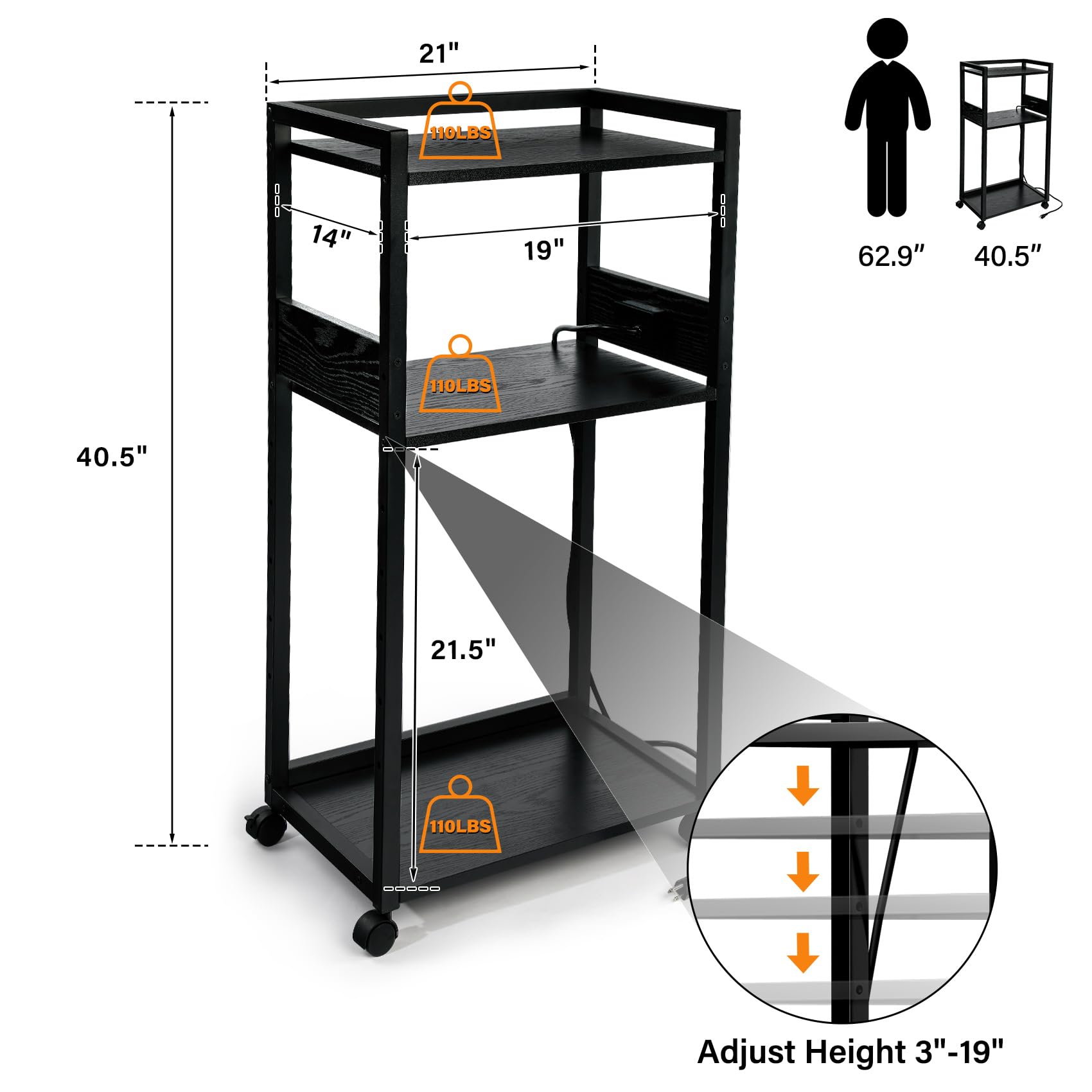 TC-HOMENY 3-Tier Movable Printer Stand with Storage Rolling Floor ...