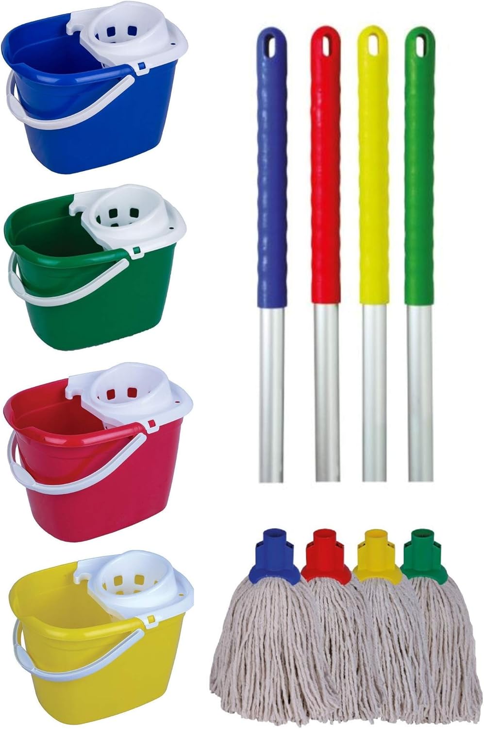 10 PY EXEL Mop Heads with Colour Coded EXEL Handle and Mop Bucket - Red ...