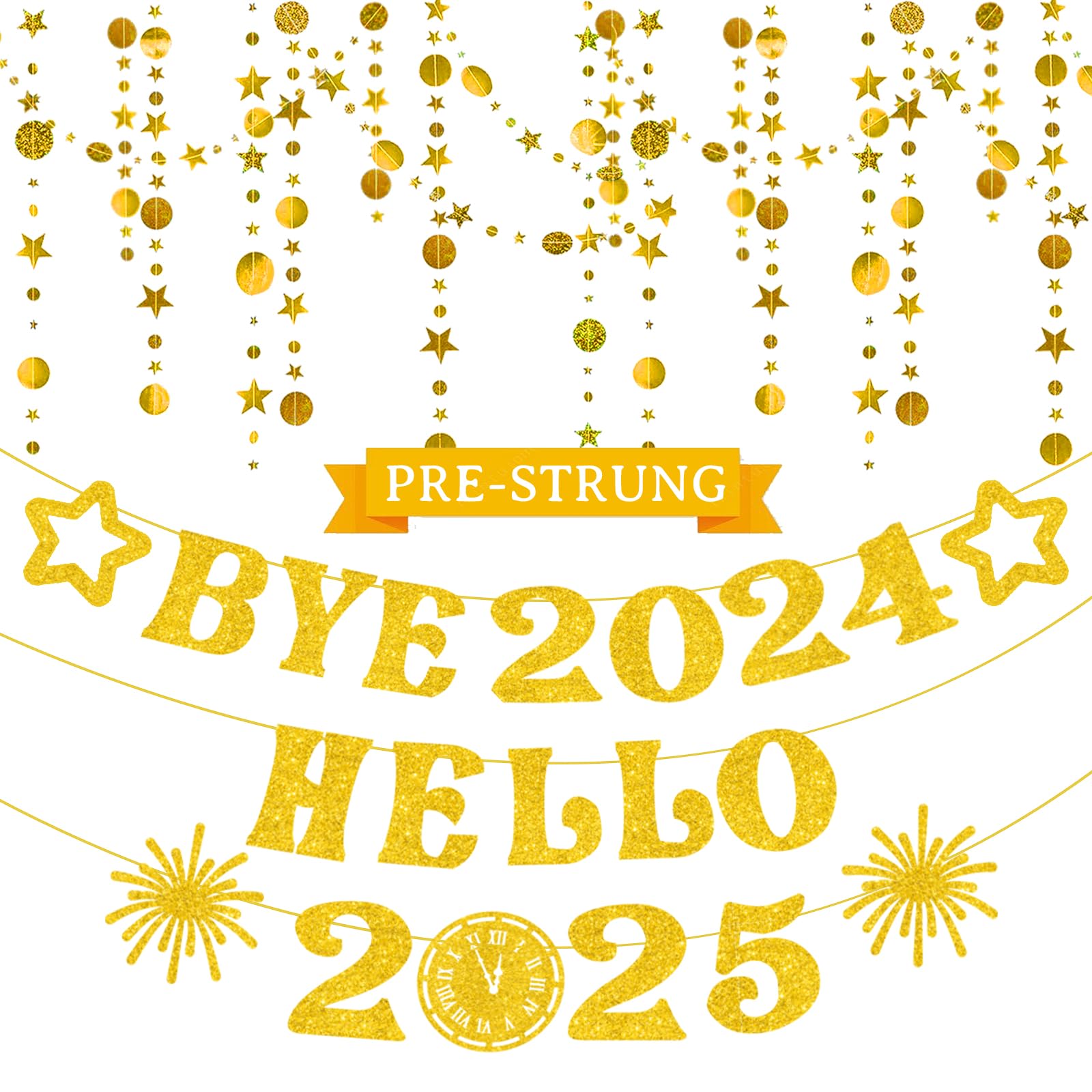 Amazon.com: 3Pcs Pre-Strung Gold Glitter Bye 2024 Hello 2025 Banner ...