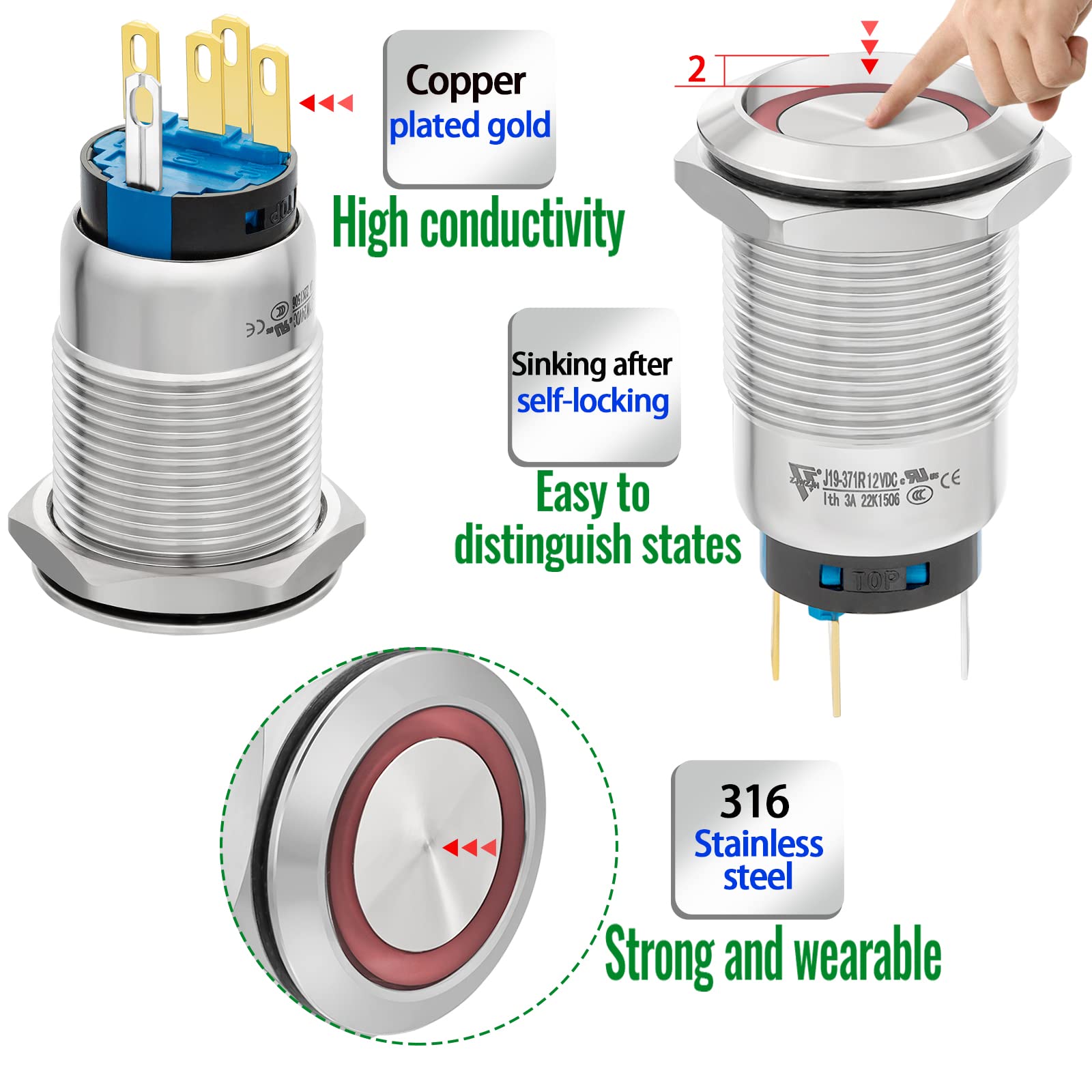 Snapklik.com : UL Certified 2PCS 19mm Latching Push Button Switch 12V ...