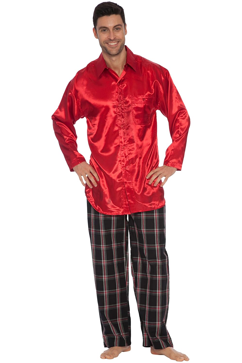 Intimo Men's Classic Satin Long Sleeve One Pocket Pajama Top, Red ...